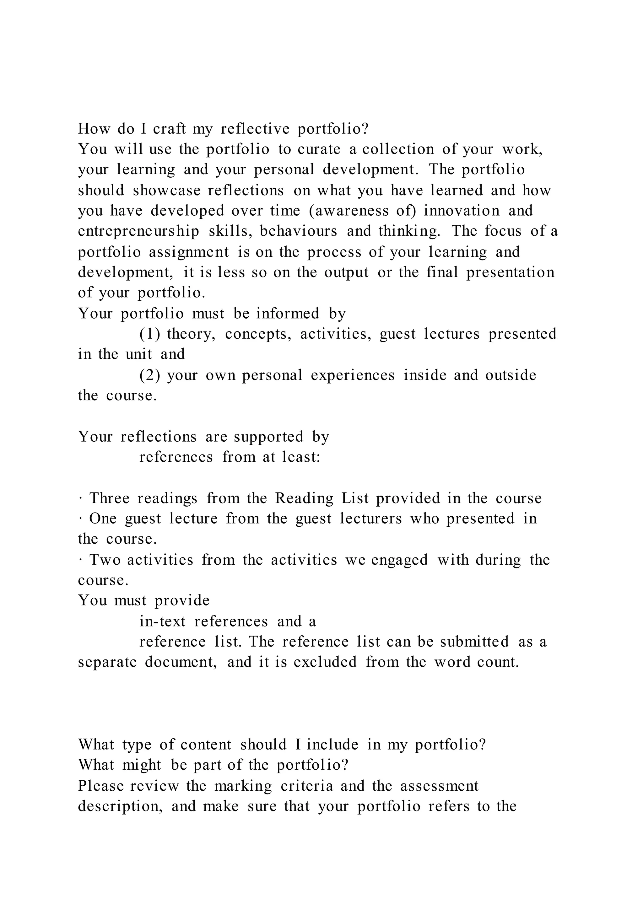 How do I craft my reflective portfolioYou will use the portfoli | DOCX