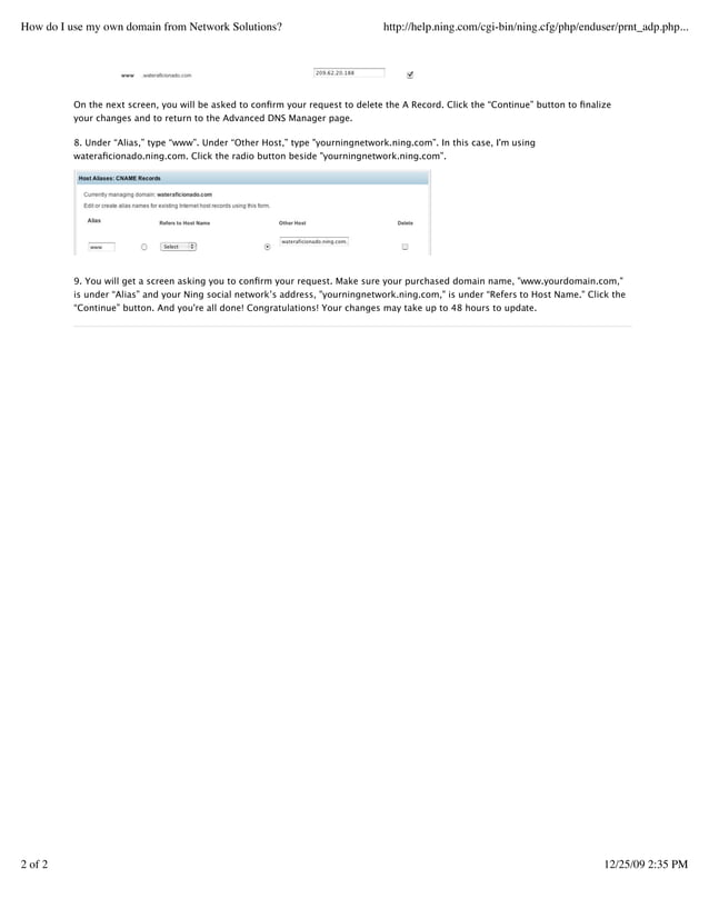 Ning Networks; How do I use my own domain from Network Solutions? | PDF
