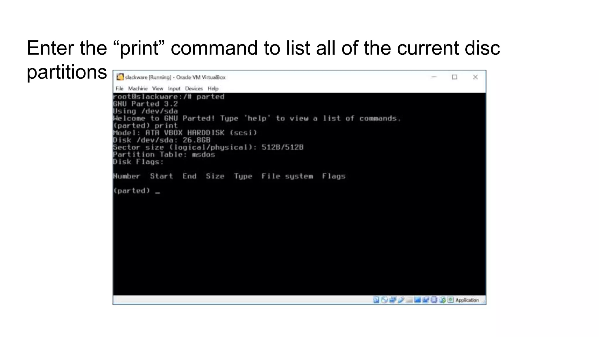 How do I use parted to partition /dev/sda with the specifications in this card? | PPTX