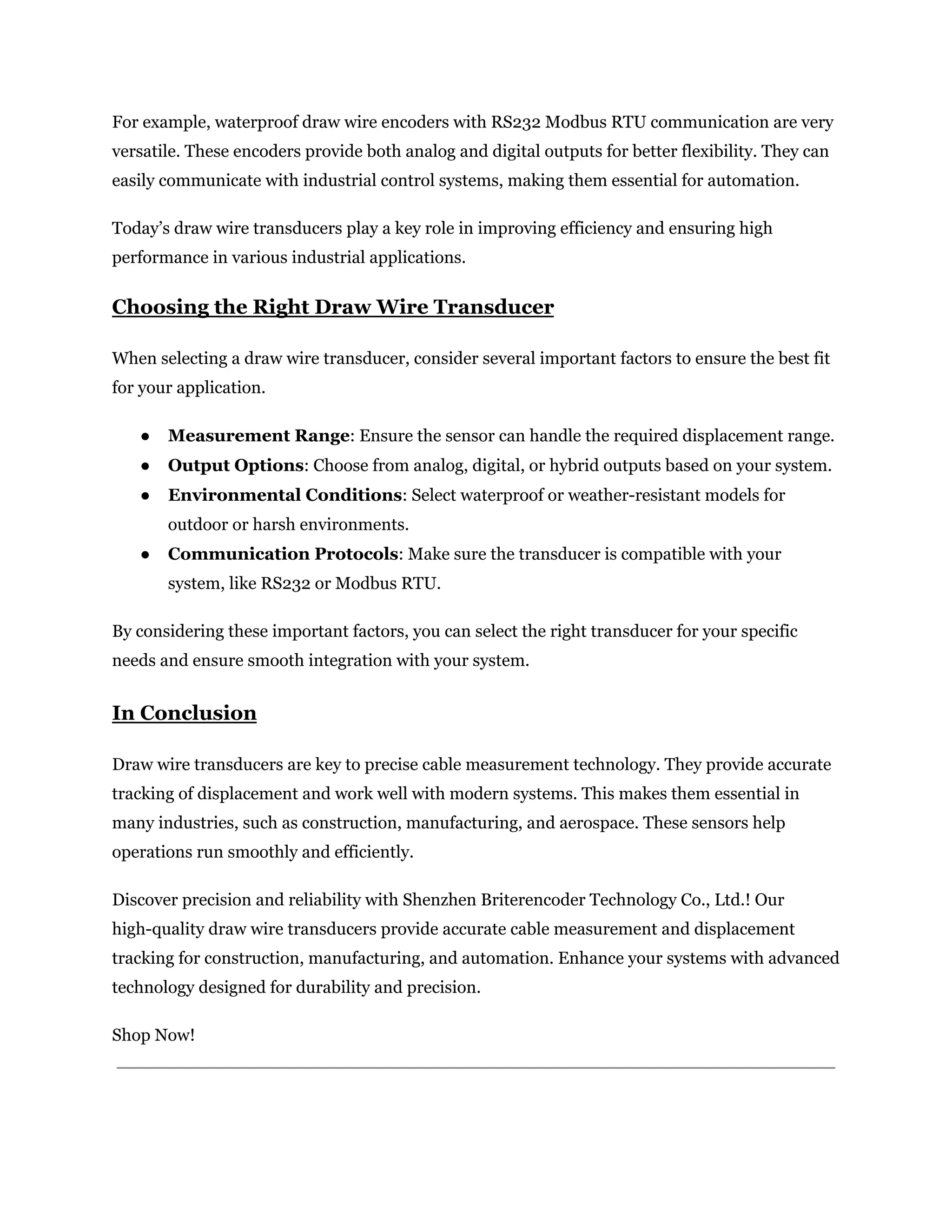 How Draw Wire Transducers Ensure Precision in Cable Measurement | PDF