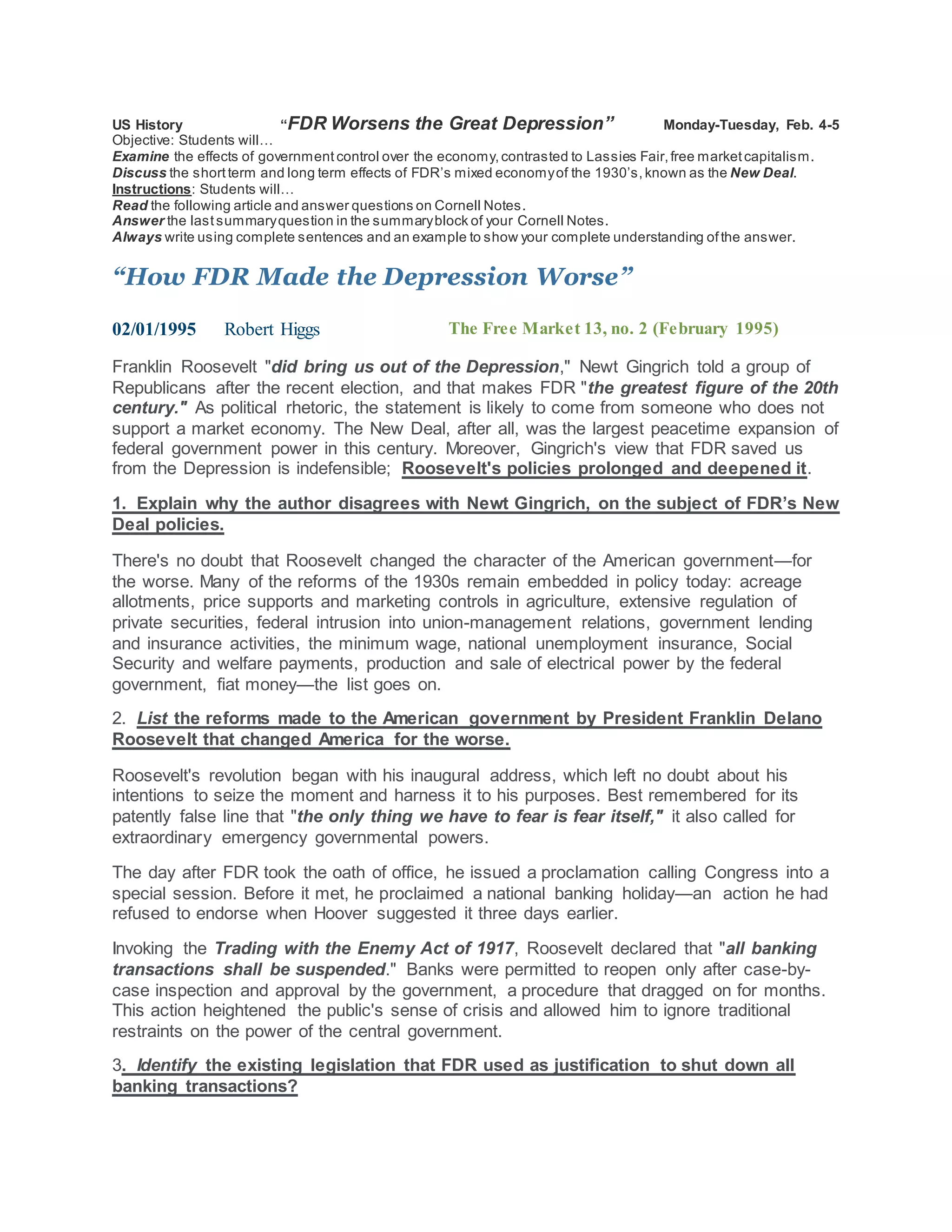 How FDR made the great depression worse article assignment | PDF