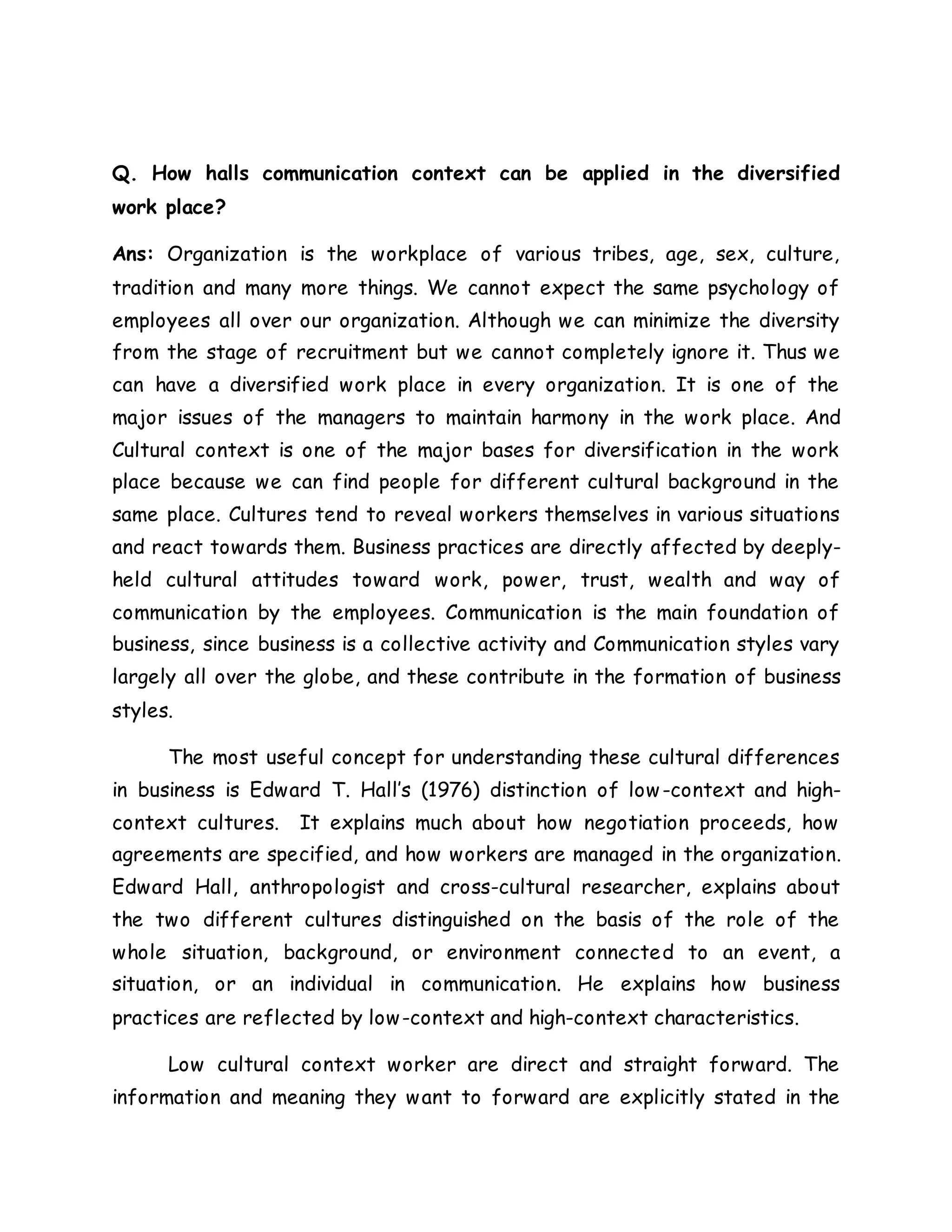 How Hall's communication context can be used in diversified workplace? | PDF