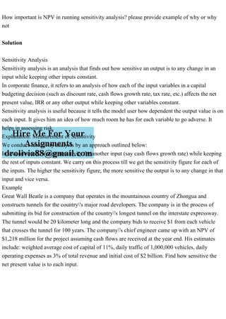 How important is NPV in running sensitivity analysis please provide.pdf