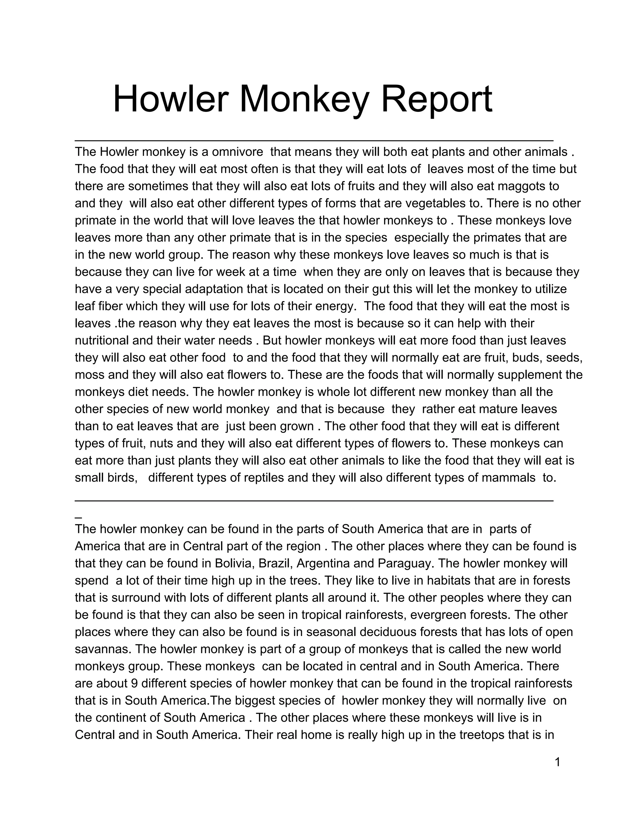 Howler monkey report | PDF | South America Travel | Travel Locations