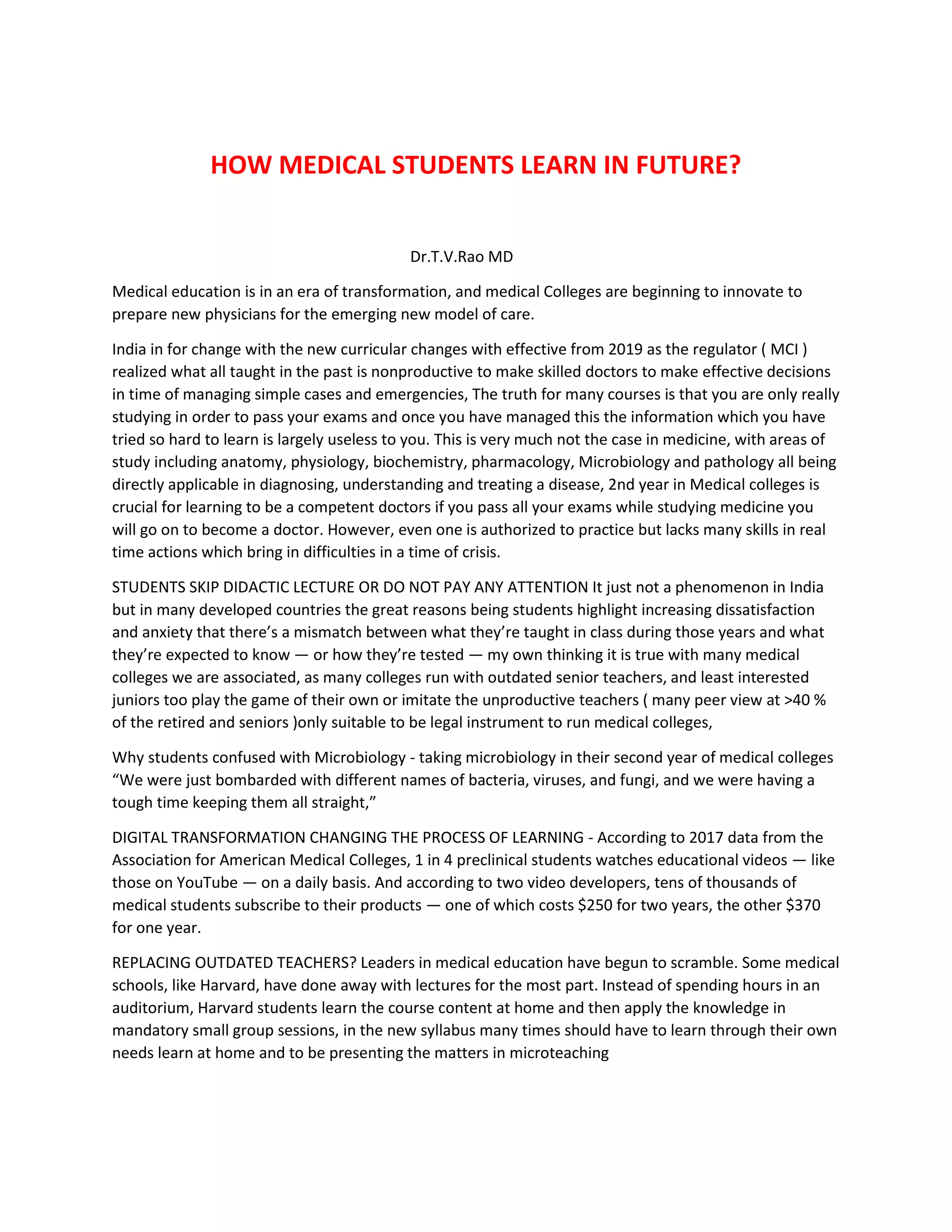 HOW MEDICAL STUDENTS LEARN IN FUTURE? by Dr.T.V.Rao MD | PDF