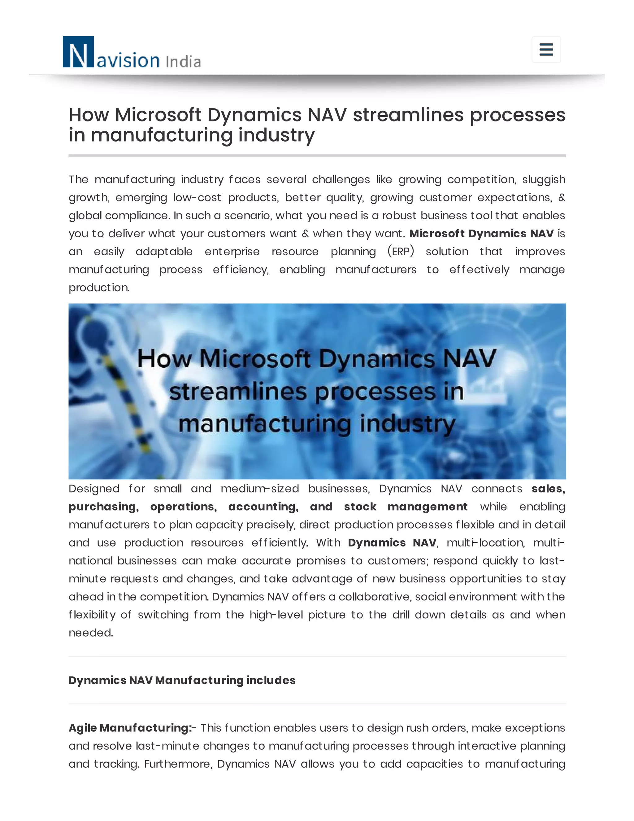 How microsoft dynamics nav streamlines processes in manufacturing industry navision india | PDF