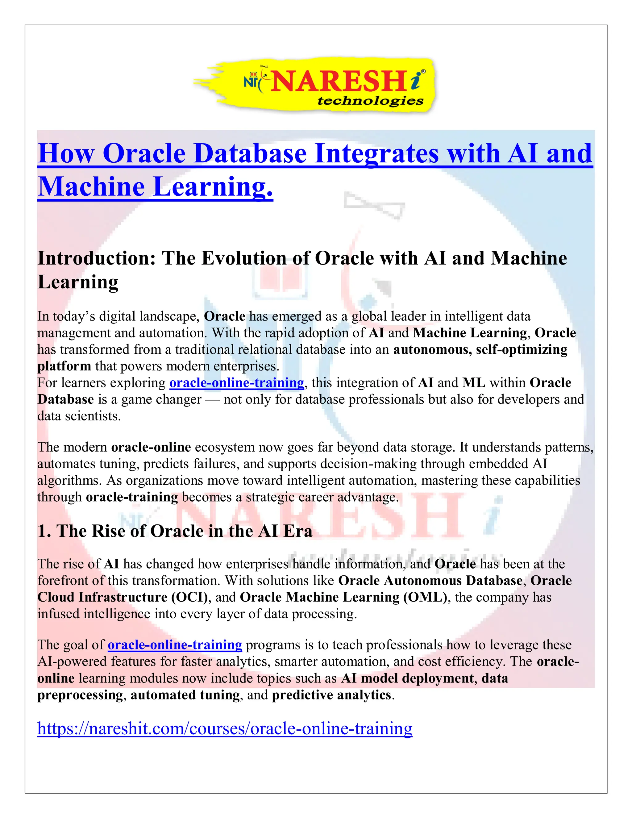 How Oracle Database Integrates with AI and Machine Learning - Oracle ...