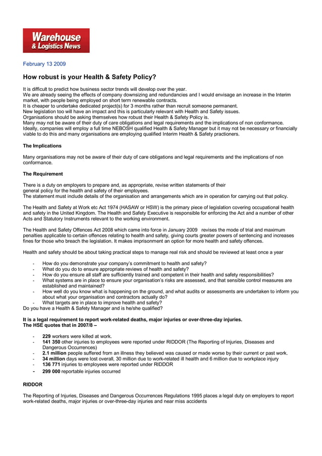 How Robust Is Your Health & Safety Policy | PDF