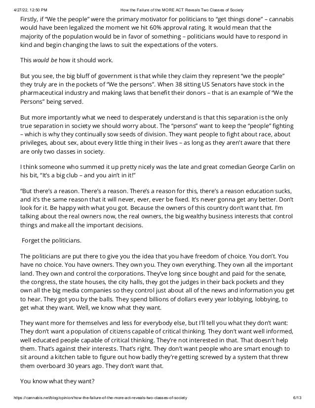 The MORE ACT Failure Shows the Divided Classes in the US | PDF