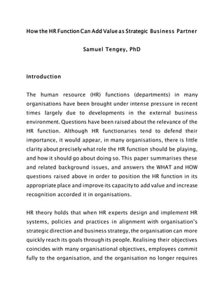 How the HR function can add value as Strategic Business Partner | DOCX | Human Resources | Business