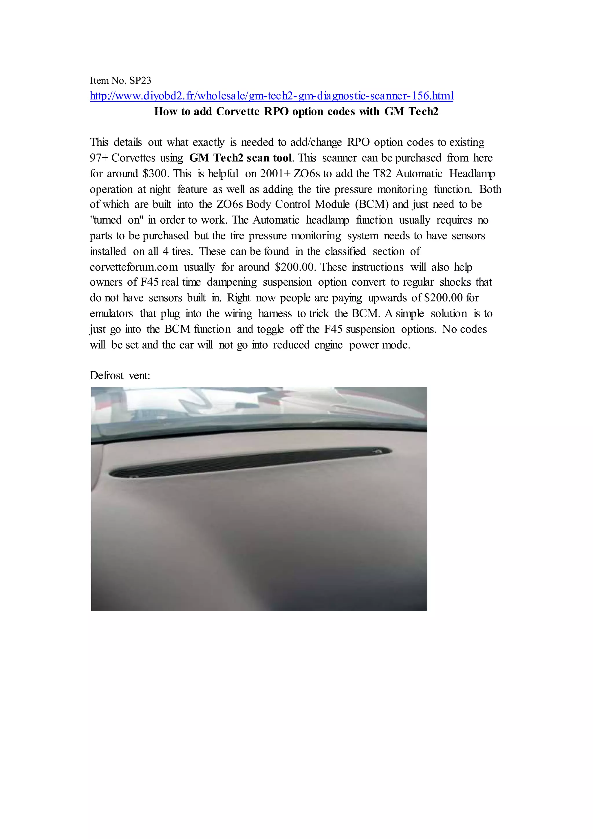 How to add corvette rpo option codes with gm tech2 | DOCX