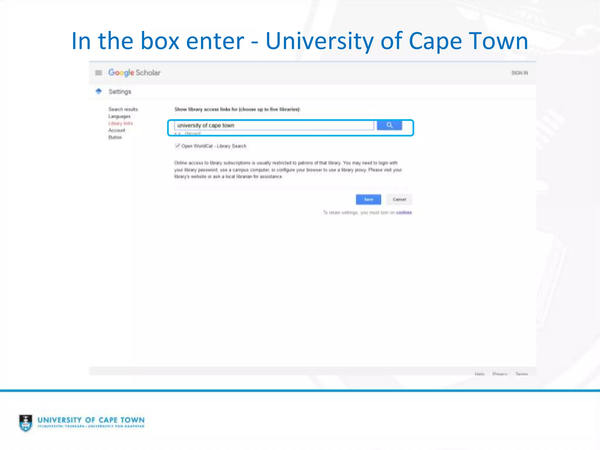 How to add Google scholar link resolver for University of Cape Town | PPTX