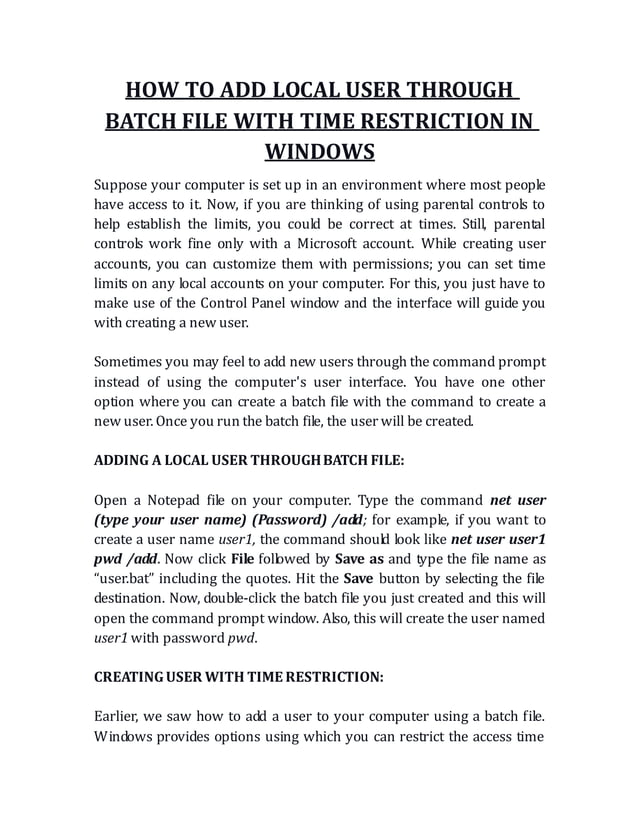 How to add local user through batch file with time restriction in ...