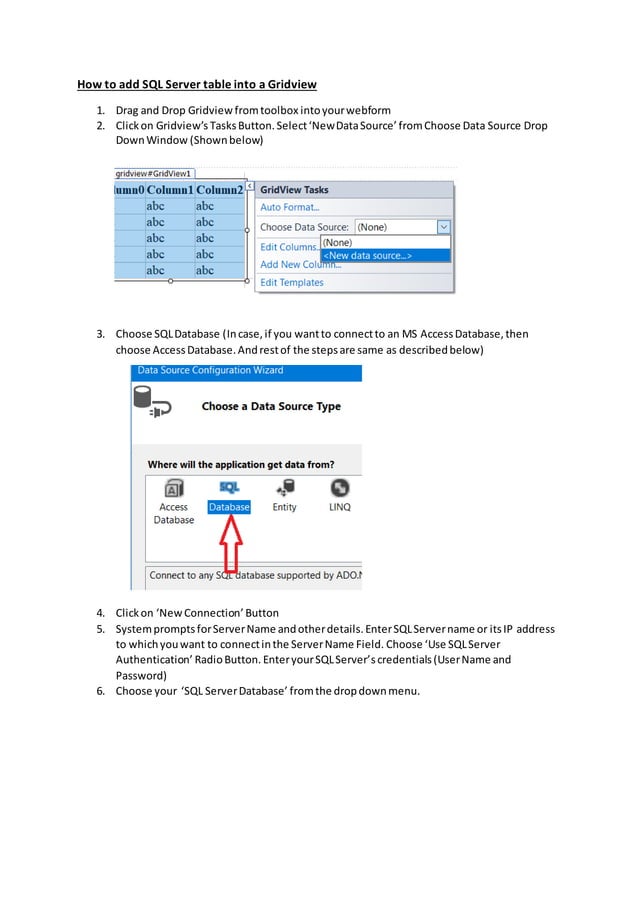 How to add sql server table into dot net web page (Gridview) | DOCX ...