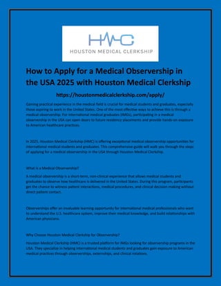 How to Apply for a Medical Observership in the USA 2025 with Houston ...