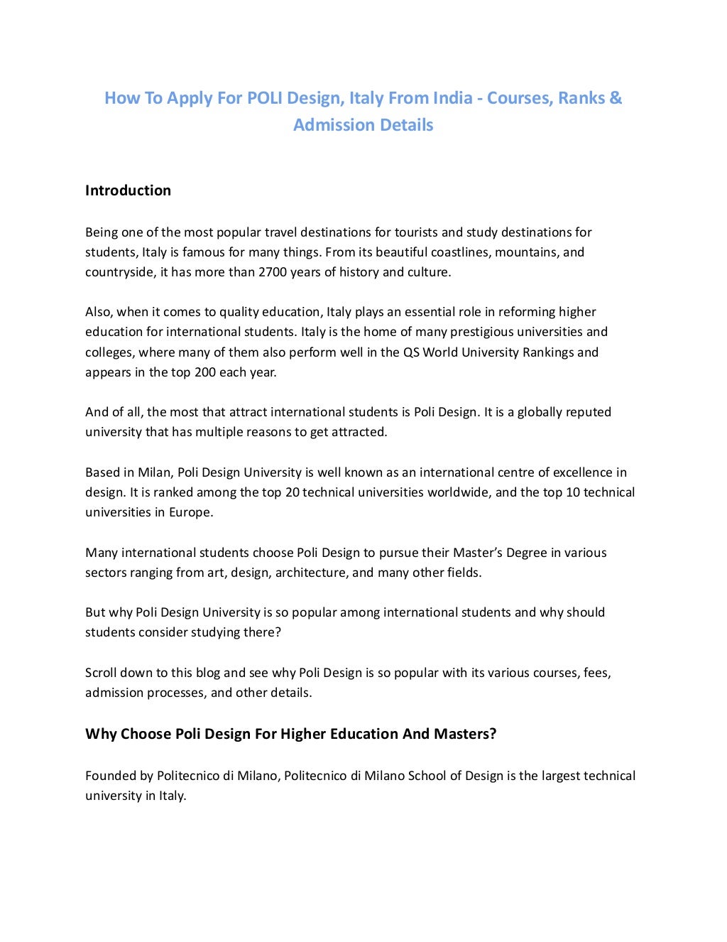 How To Apply For POLI Design, Italy From India - Courses, Fees, Ranks ...