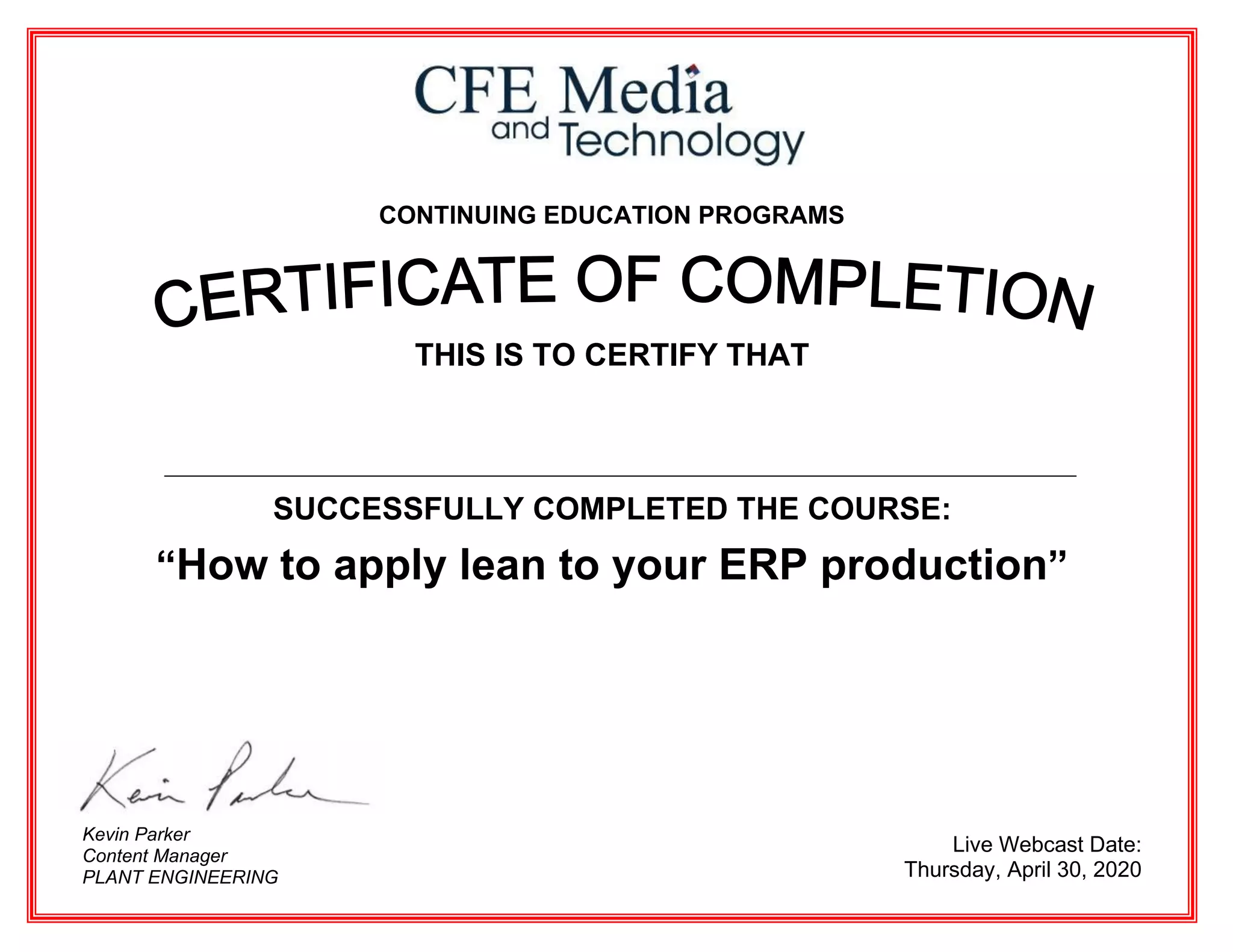 Certificate of Completion "How to Apply Lean to your ERP Production" Online Course - Ahmed Said ...