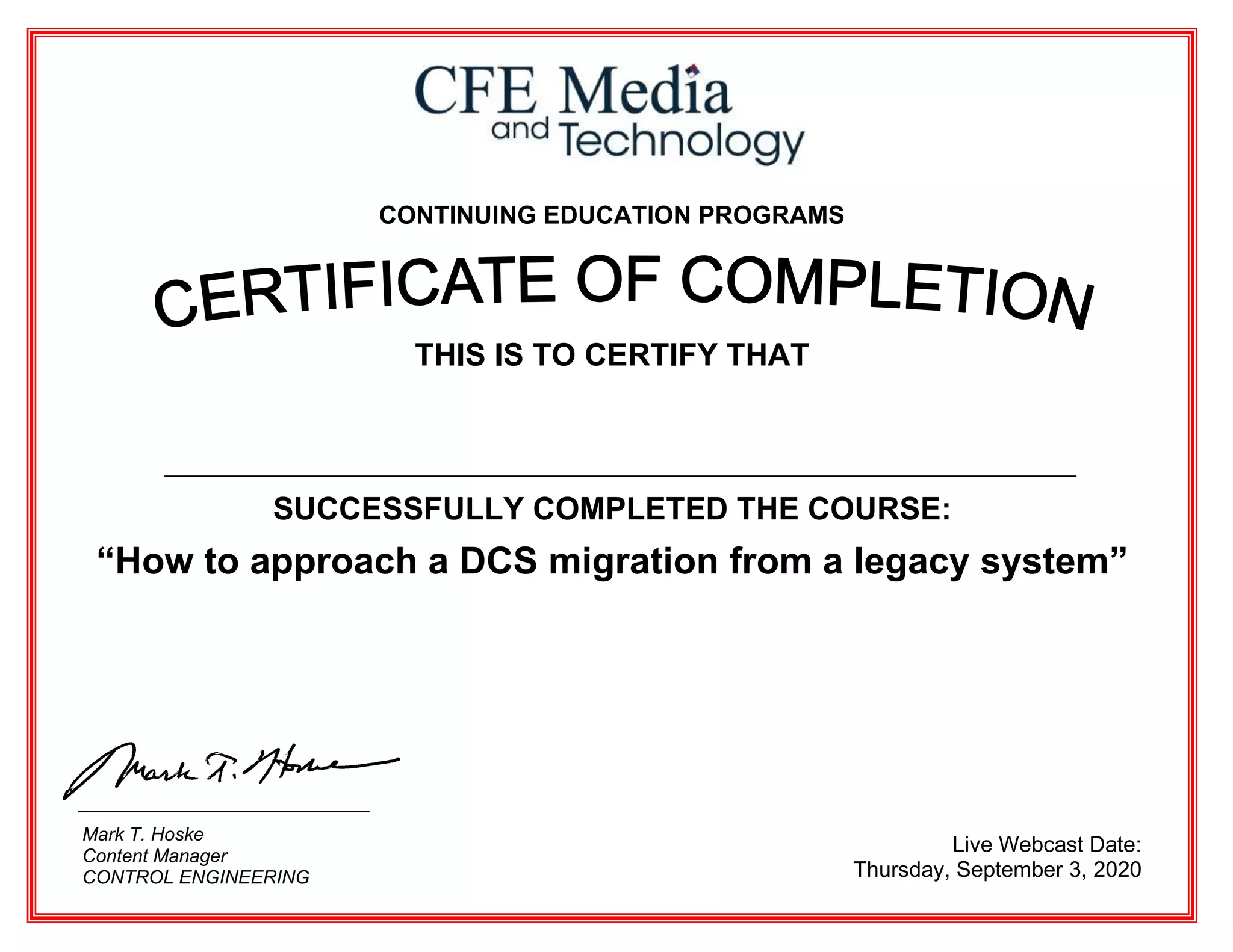 Certificate of Completion "How to Approach a DCS Migration from a ...