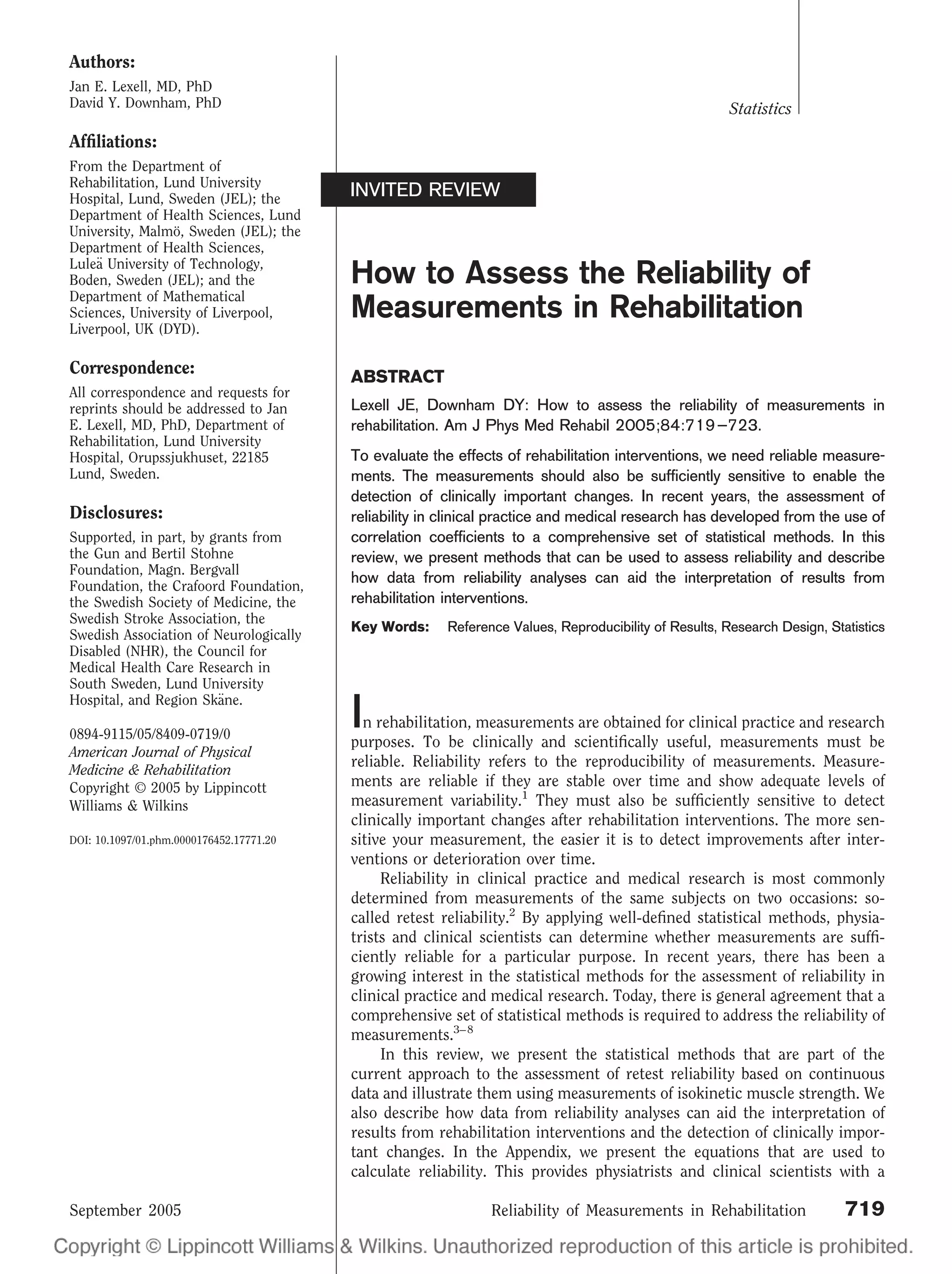How to assess the reliability of measurements in rehabilitation | PDF | Physical Therapy | Wellness