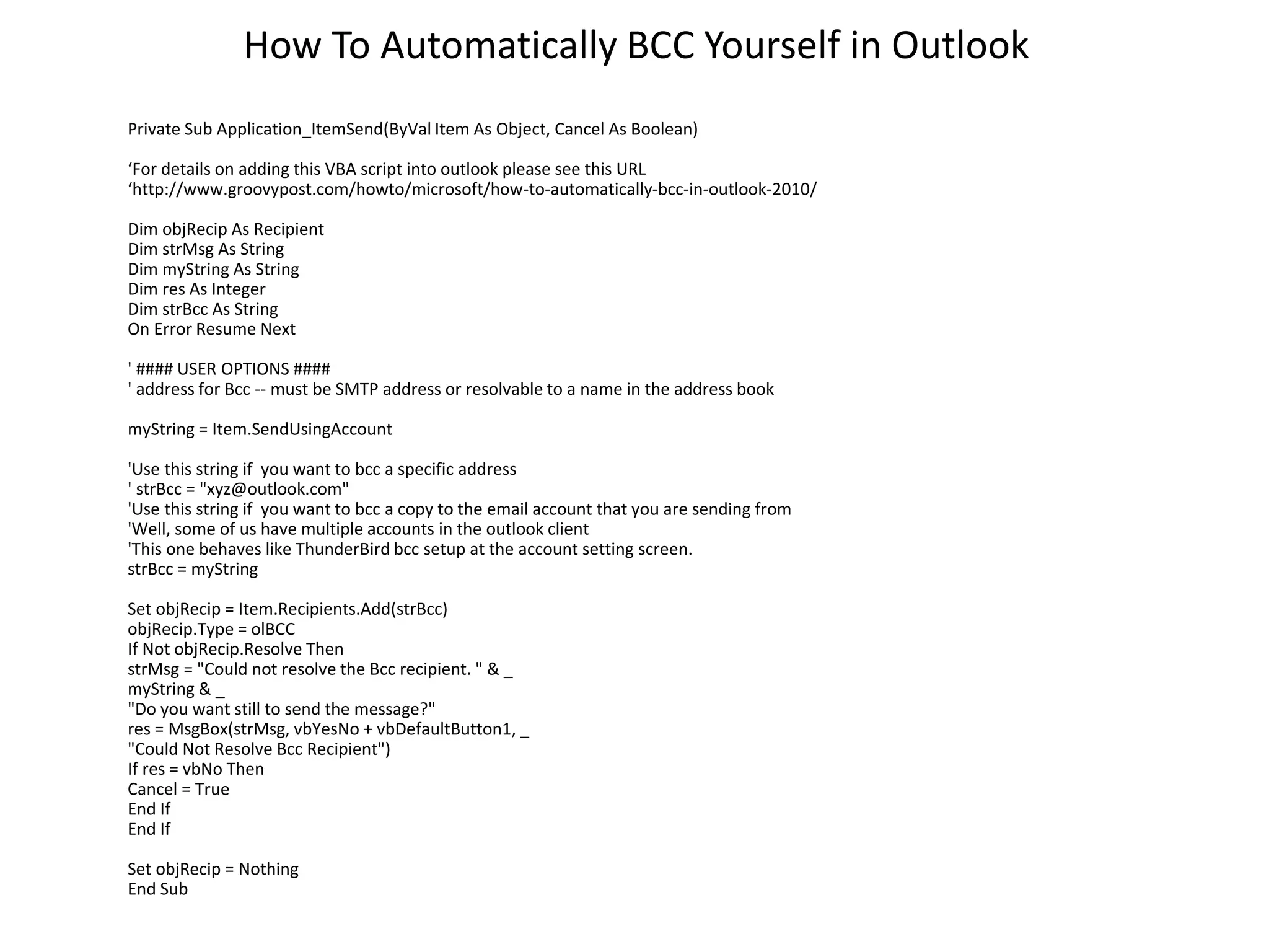 How to auto bcc yourself in outlook | PDF