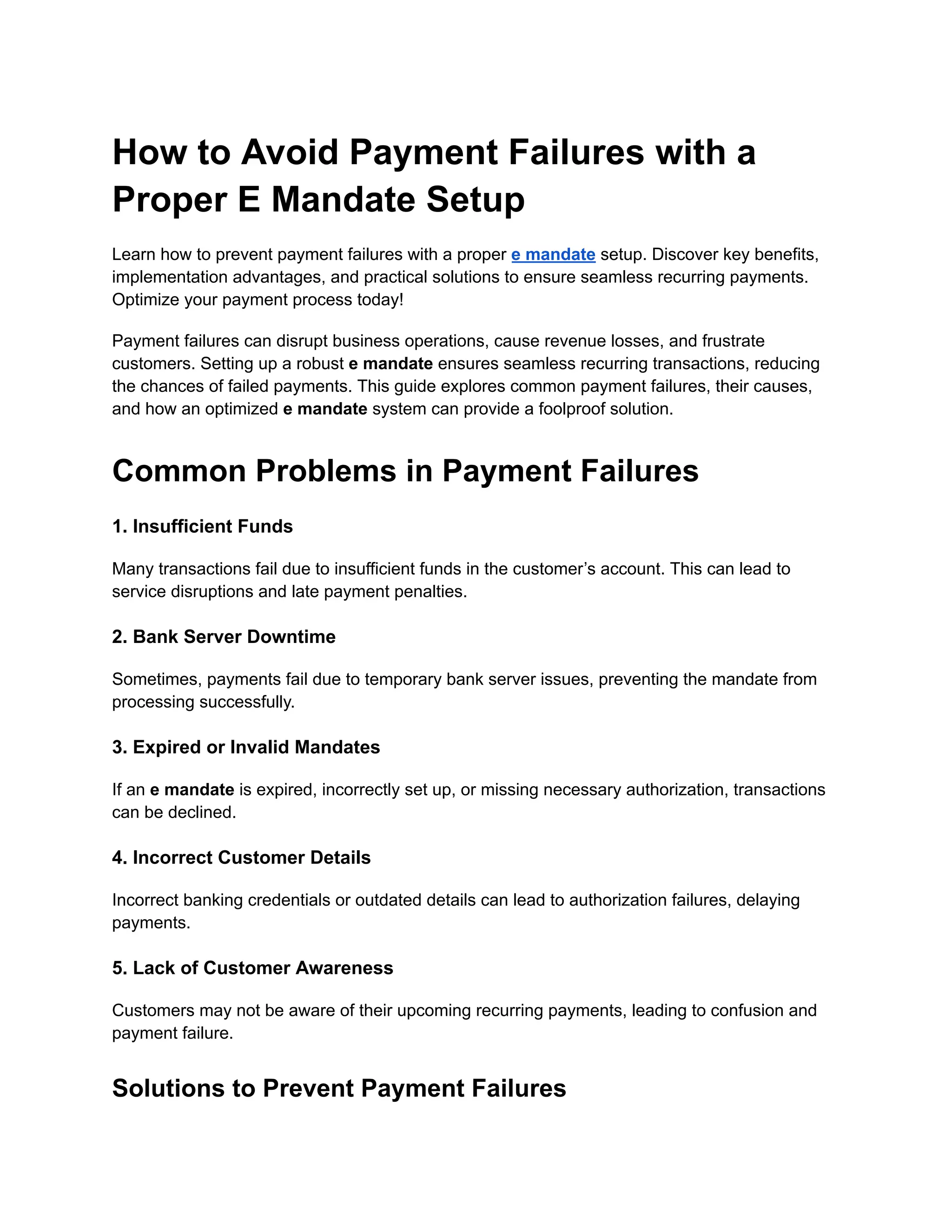 How to Avoid Payment Failures with a Proper E Mandate Setup | PDF