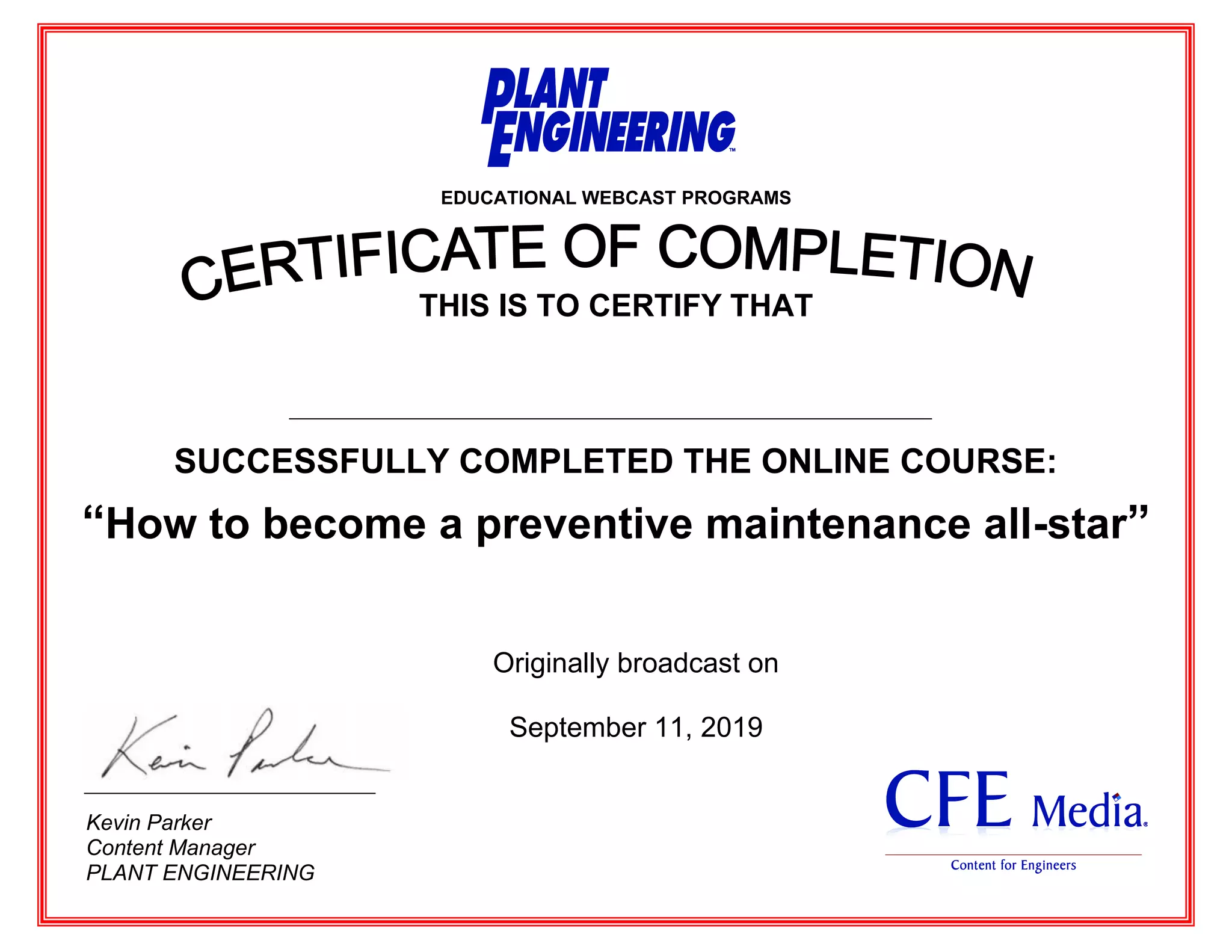Certificate of Completion: "How to be come a preventive maintenance all ...