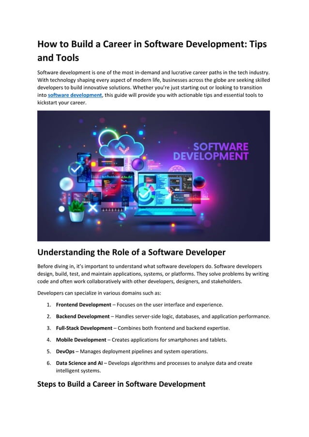 How to Build a Career in Software Development: Tips and Tools | PDF