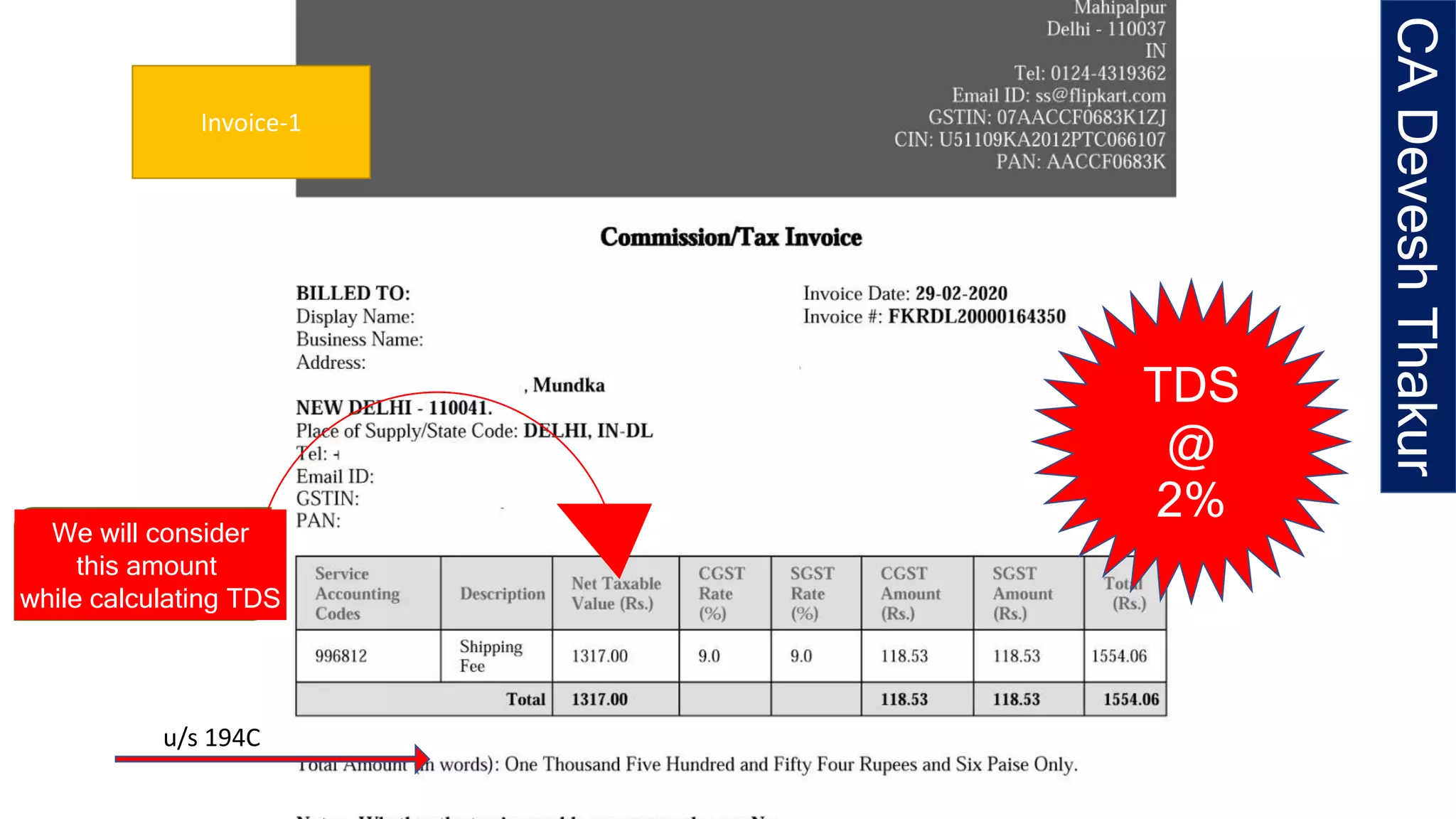 How to calculate TDS on Flipkart Commission Invoice. | PPTX