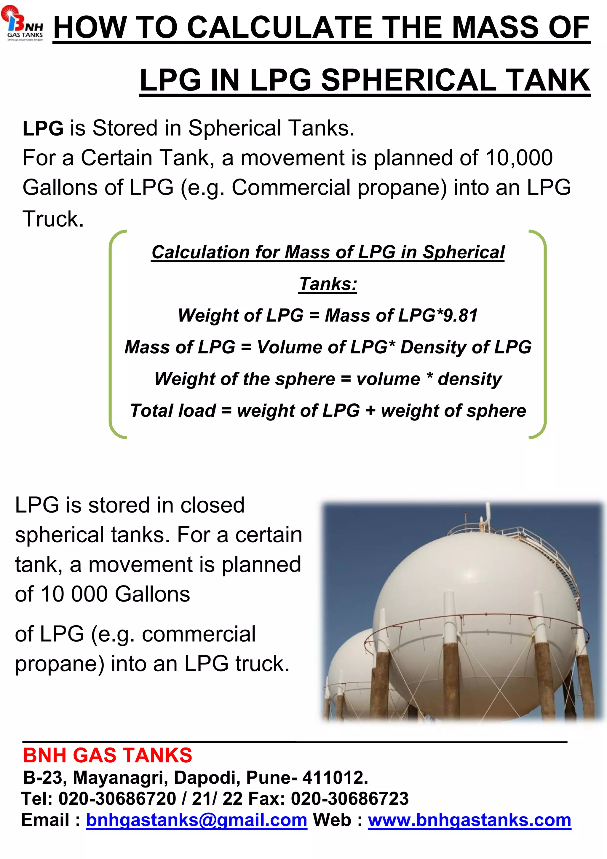 How to calculate the mass of lpg in lpg spherical tank | PDF