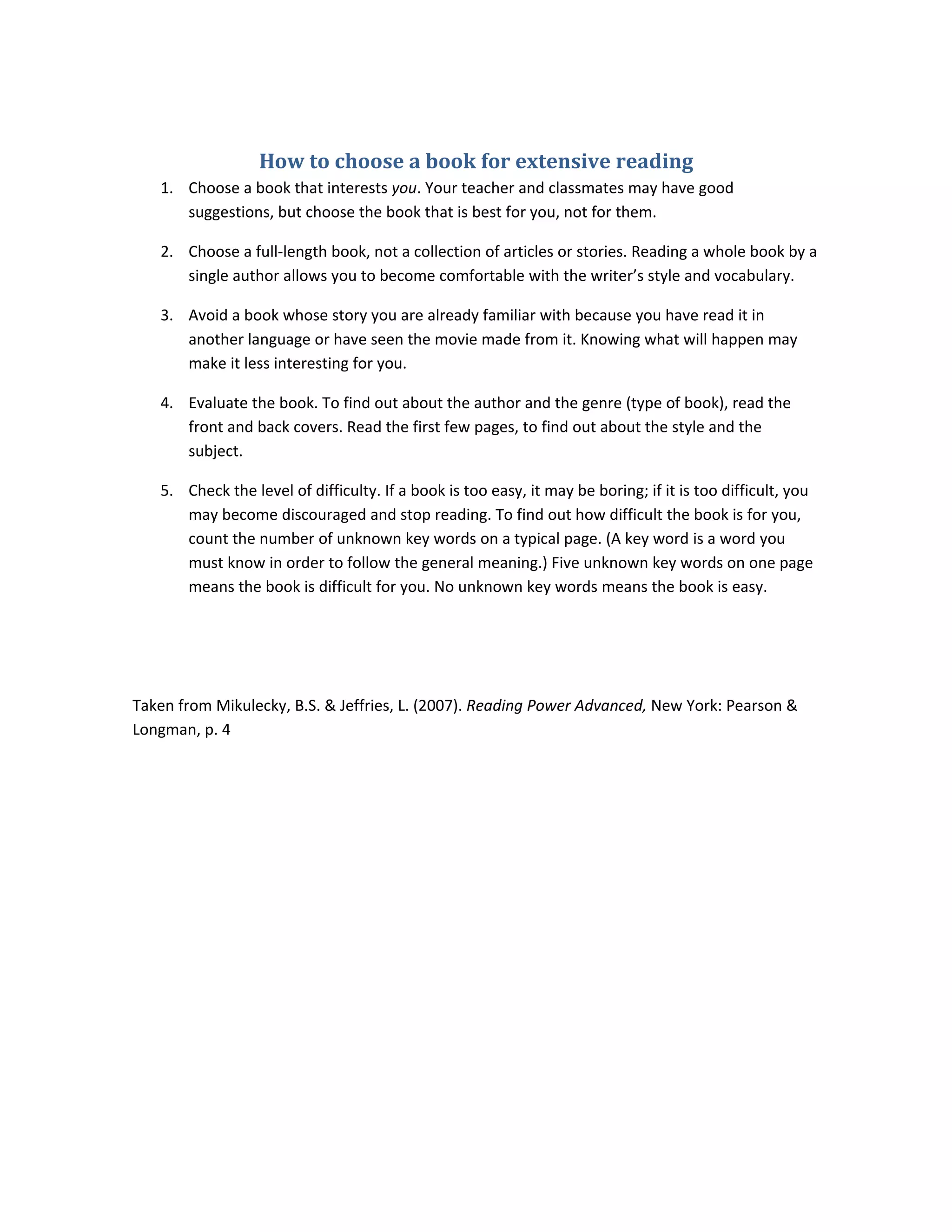 Cómo elegir un libro para lectura extensiva | DOC