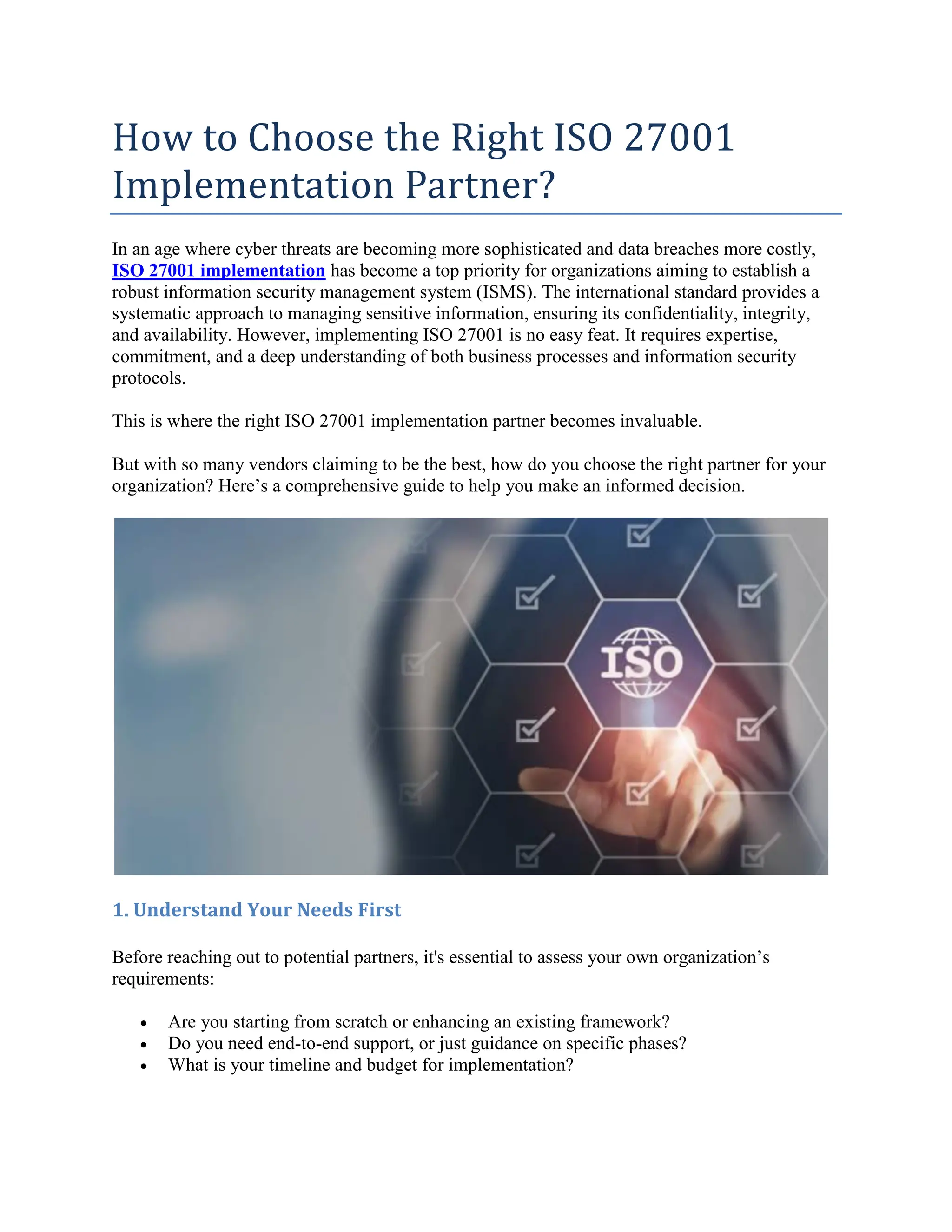 How to Choose the Right ISO 27001 Implementation Partner | PDF