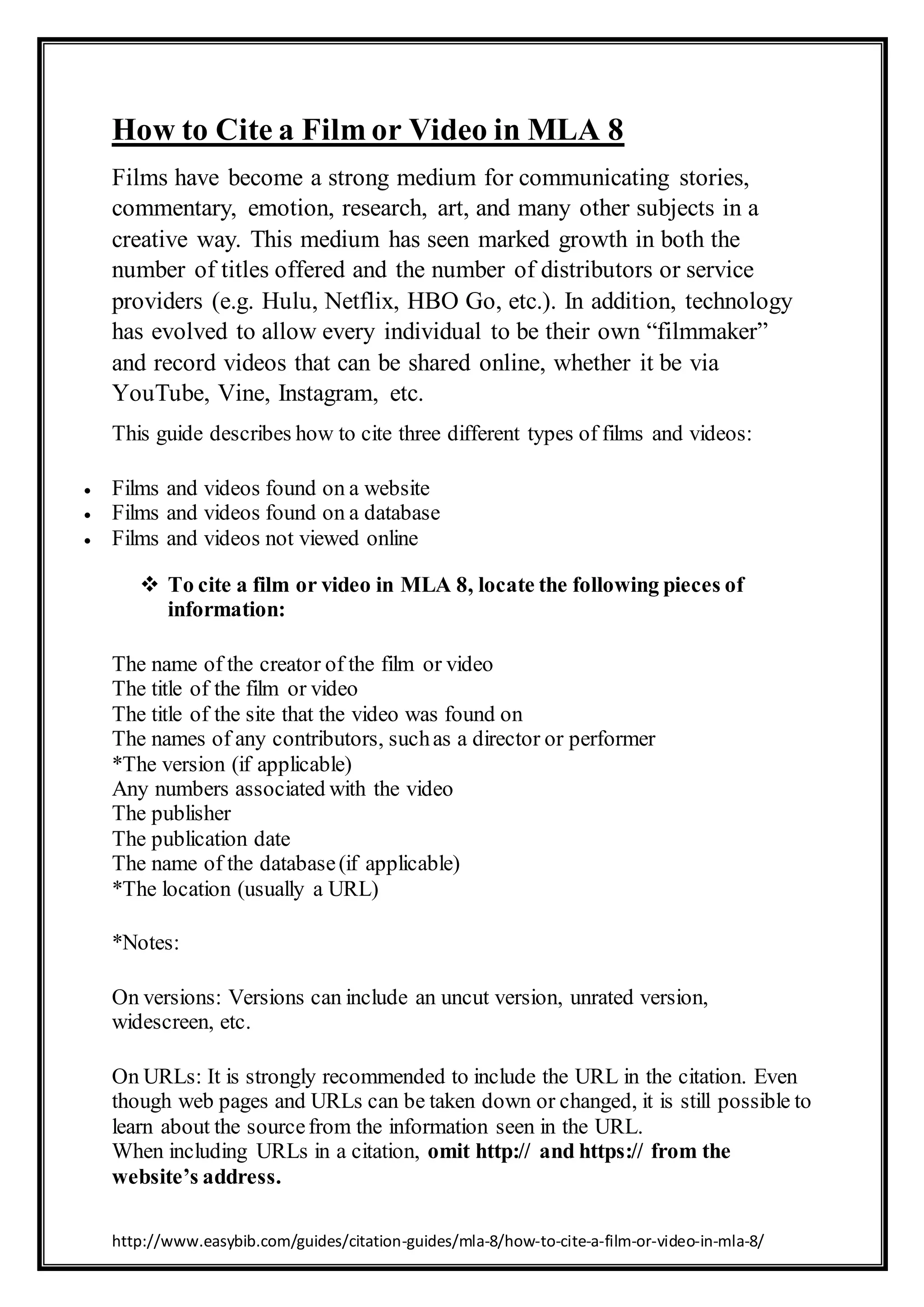 How to cite a film or video in mla 8 | PDF