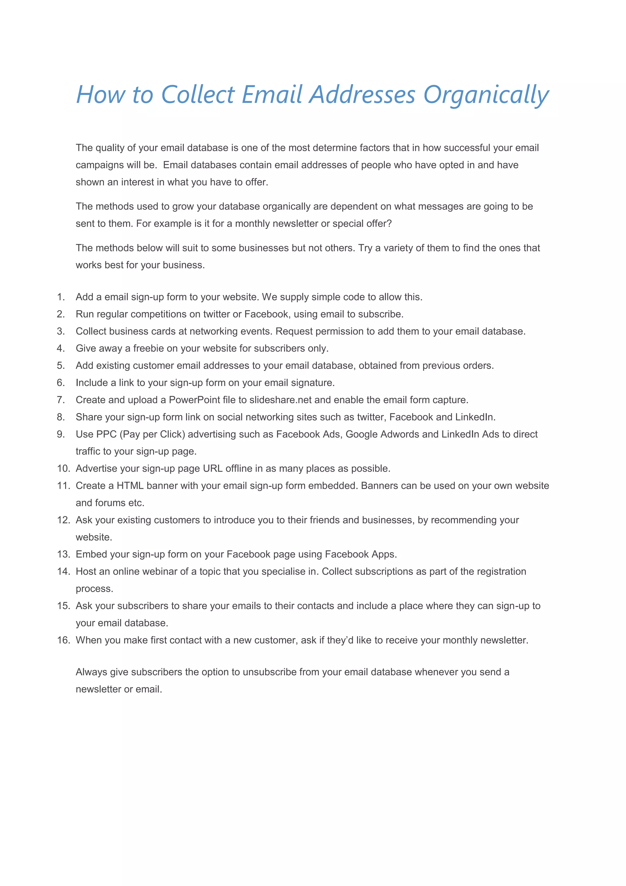 How to collect email addresses organically | PDF