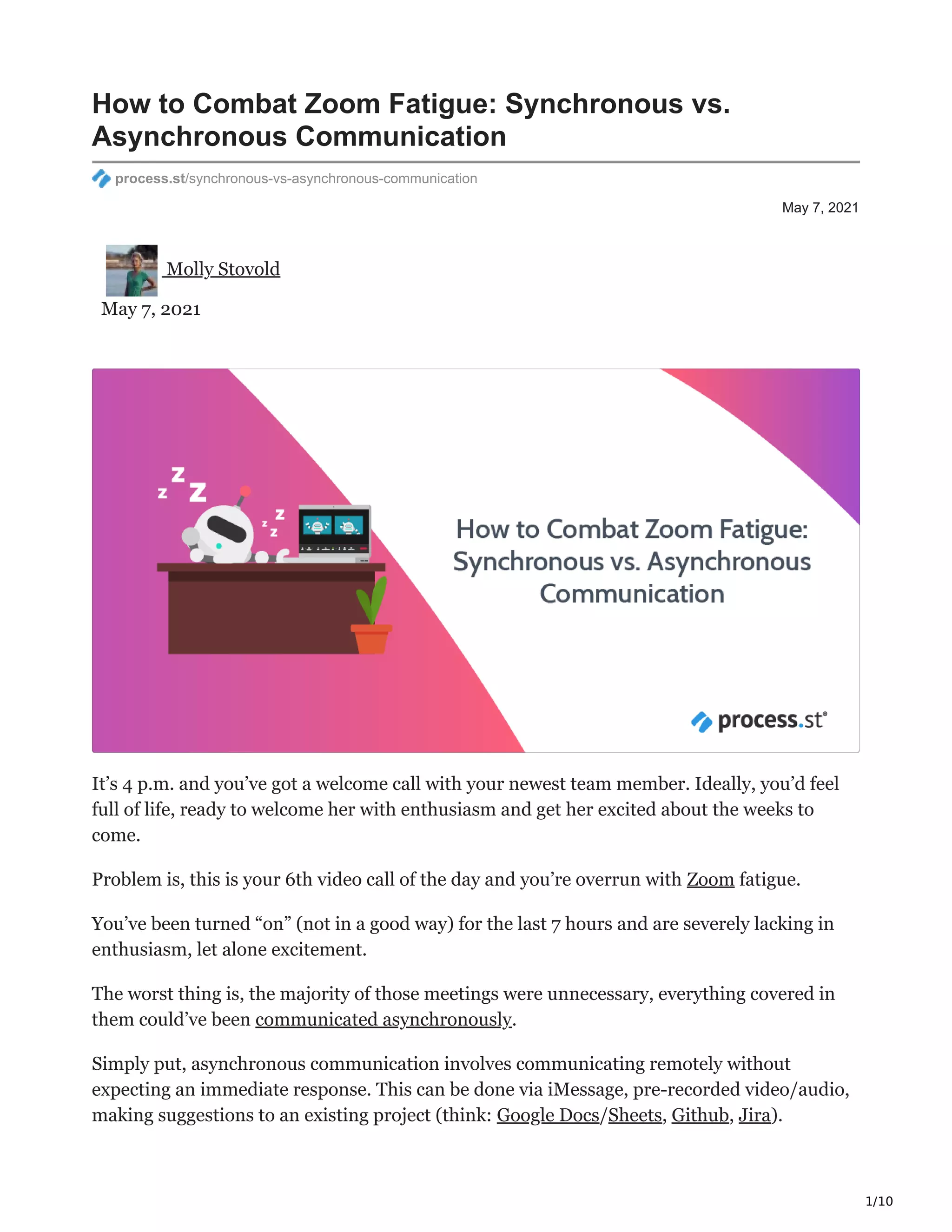 How to Combat Zoom Fatigue: Synchronous vs. Asynchronous Communication | PDF