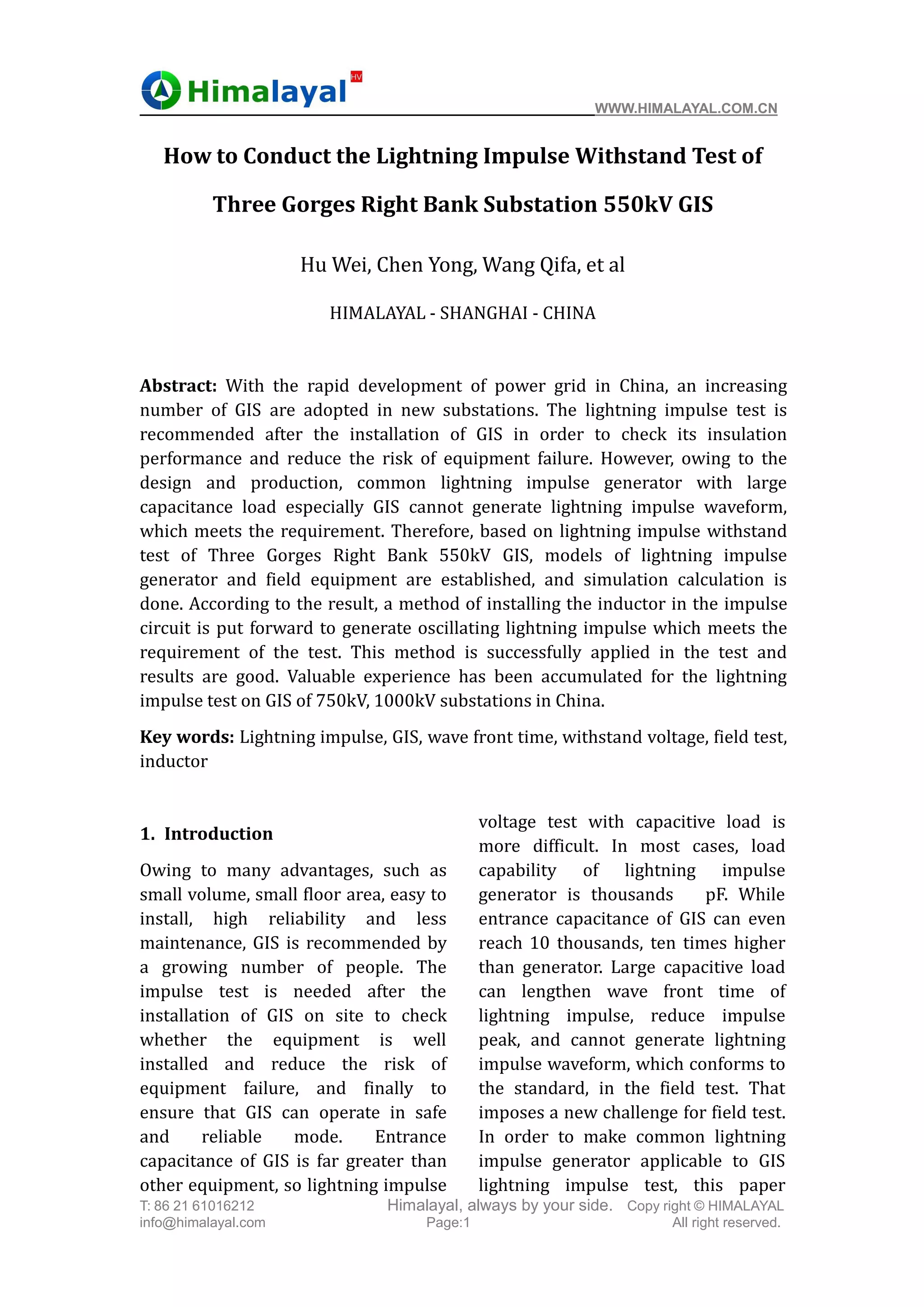How to conduct the lightning impulse withstand test on 550kv GIS? | PDF ...