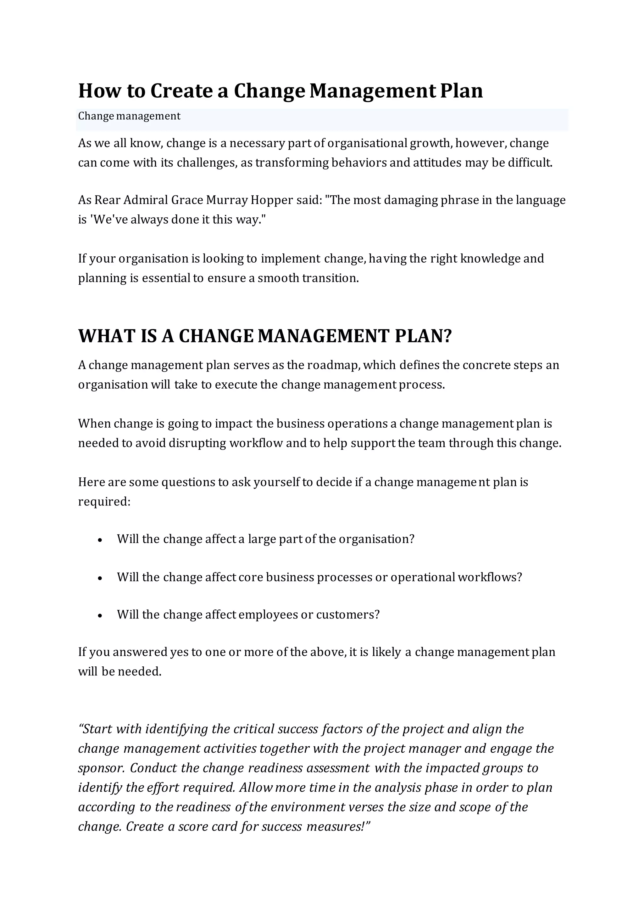 How to create a change management plan | PDF