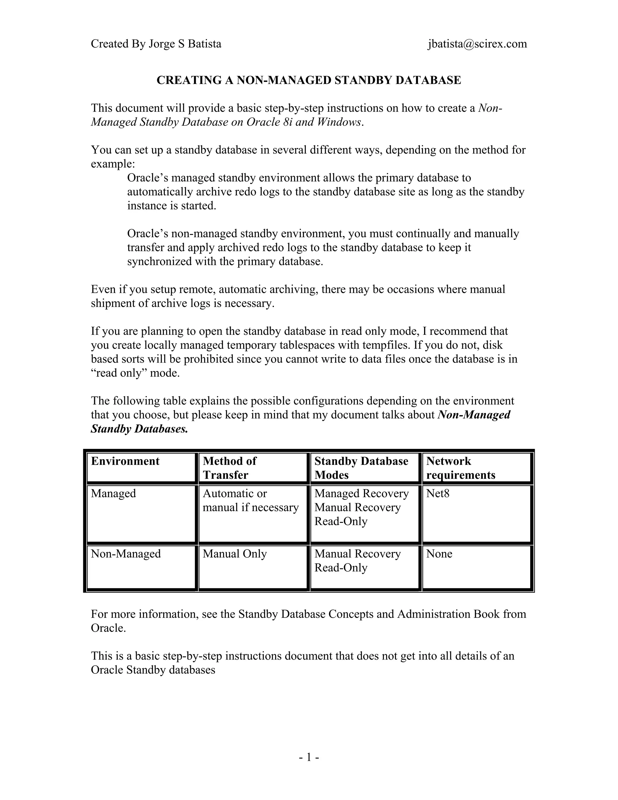 How to create a non managed standby database | PDF