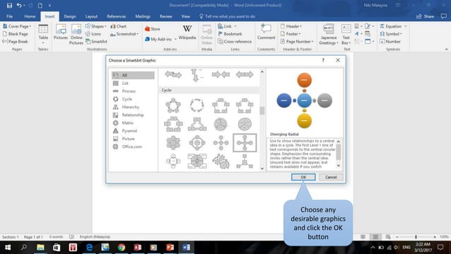 How to create a smart art graphic in Microsoft Word 2016 | PPTX ...