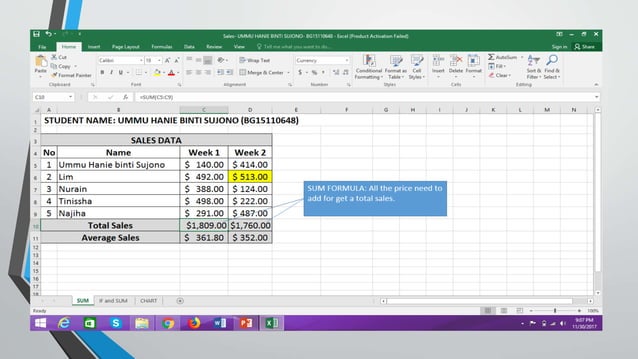 How to create formula using sum function in the excel 2016. | PPT