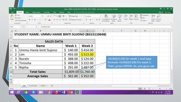 How to create formula using sum function in the excel 2016. | PPT