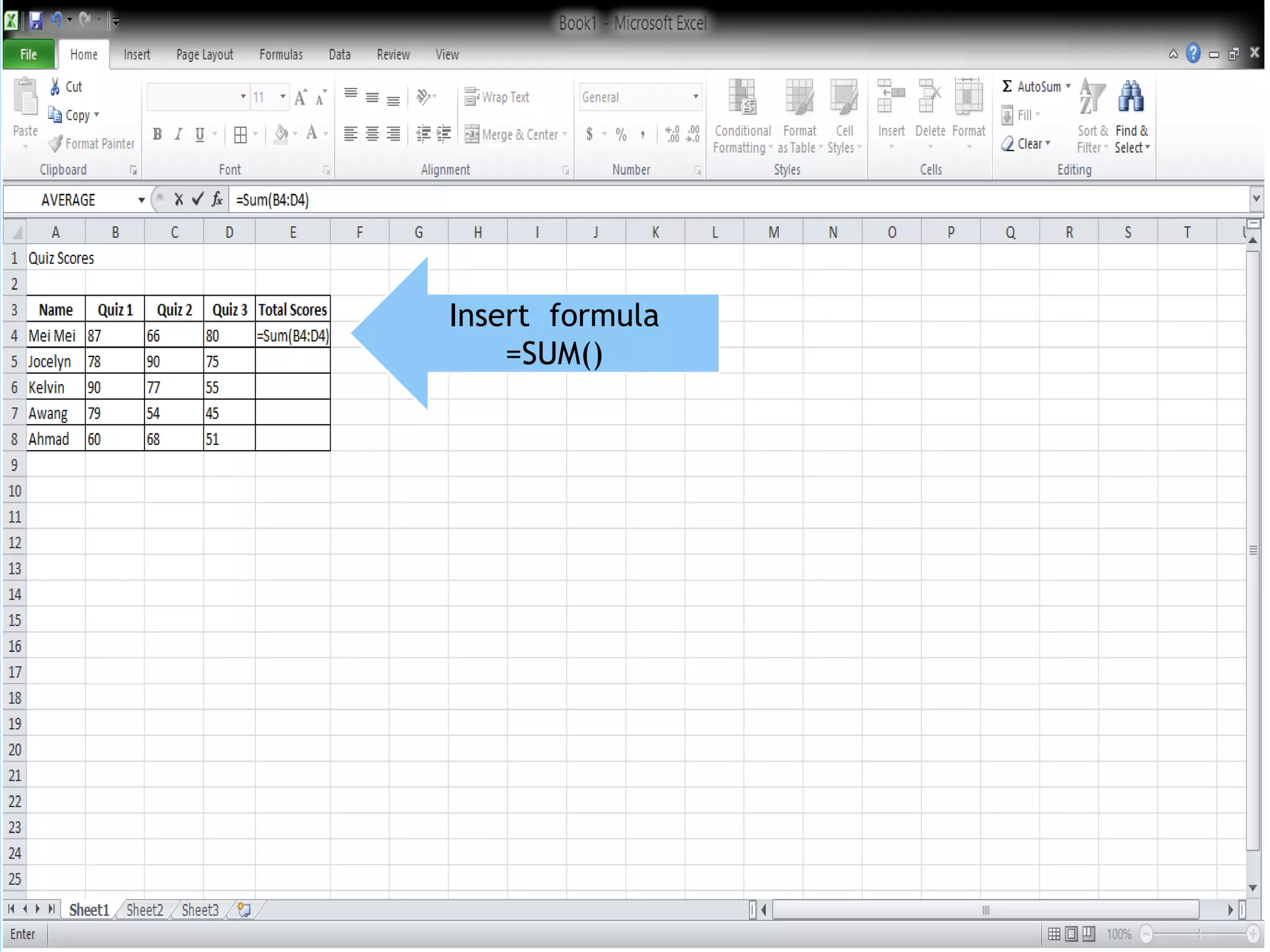 How To Create Sum Funtion In Excel Ppt