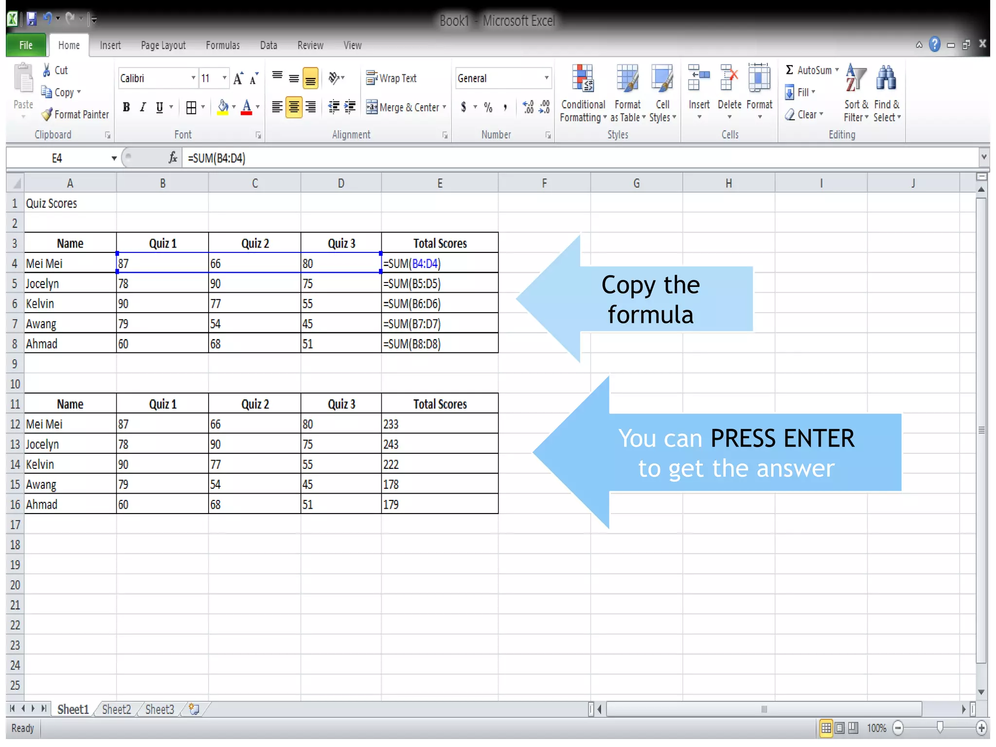 How To Create Sum Funtion In Excel Ppt