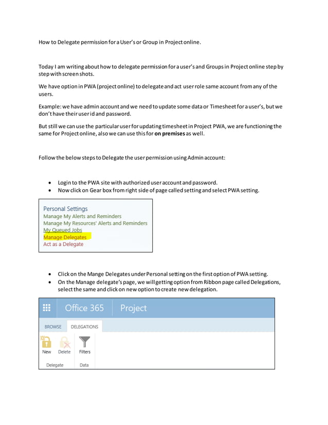 How to delegate permission for a user’s or group in project online | PDF