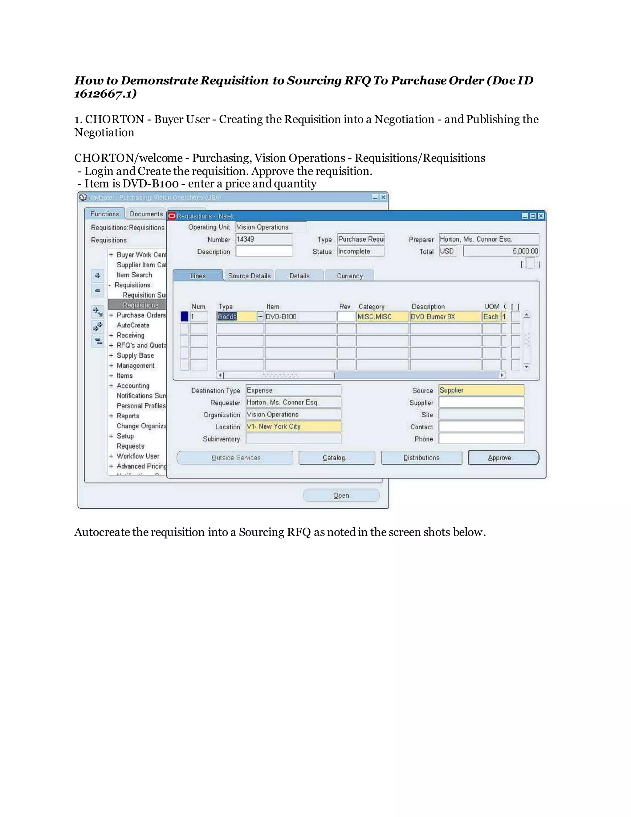 How to demonstrate requisition to sourcing rfq to purchase order | PDF
