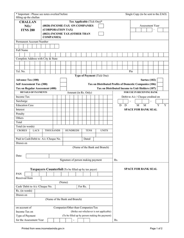 How to fill up challan 280 for paying income tax | PDF
