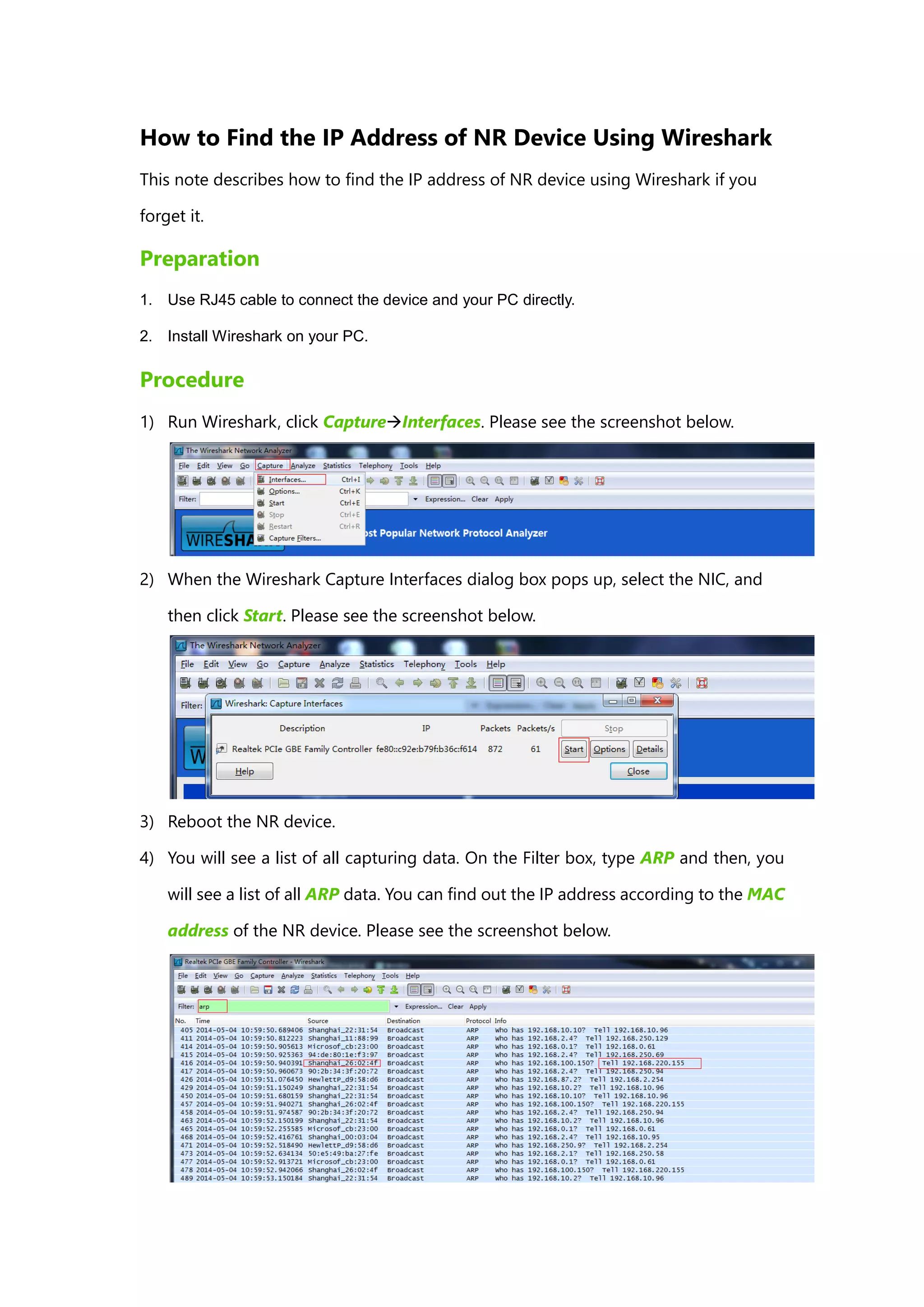 How to find the ip address of new rock device using wireshark | PDF