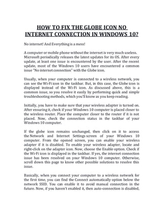 HOW TO FIX THE GLOBE ICON NO INTERNET CONNECTION IN WINDOWS 10? | PDF