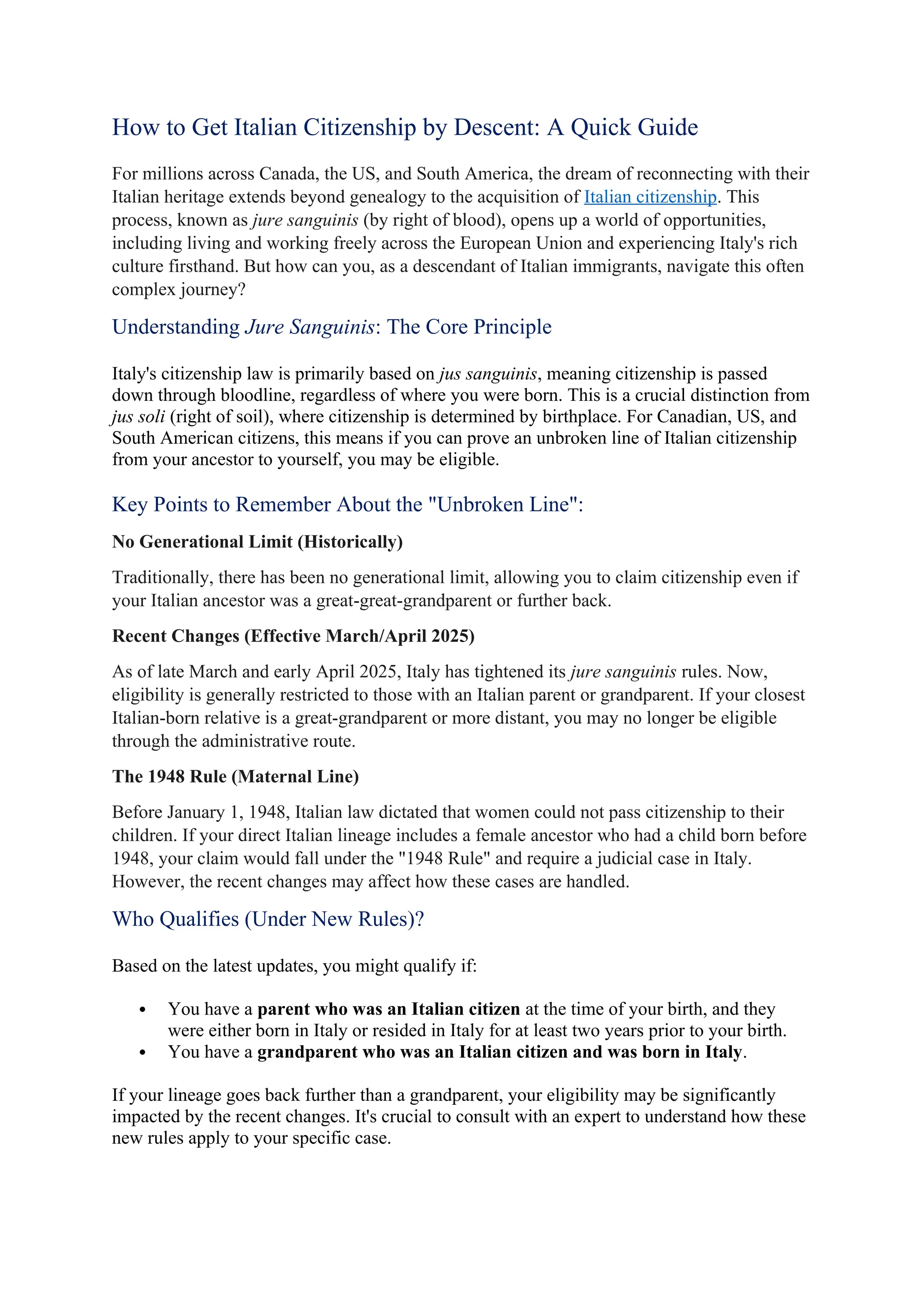 How to Get Italian Citizenship by Descent: A Quick Guide | PDF