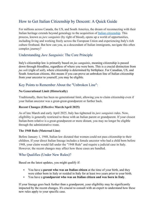 How to Get Italian Citizenship by Descent: A Quick Guide | PDF