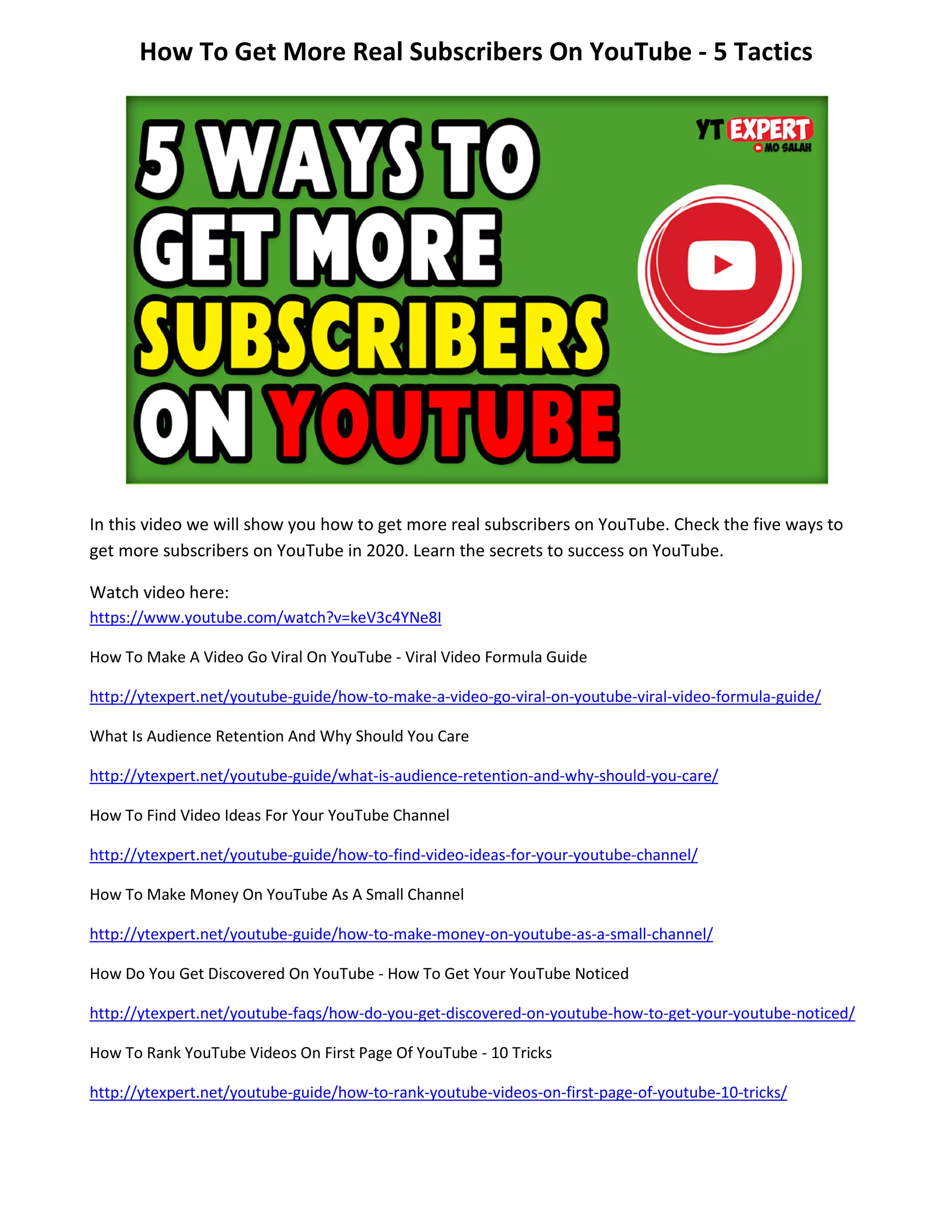 How To Get More Real Subscribers On YouTube - 5 Tactics | PDF